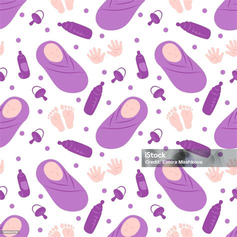 포장된 아기 젖꼭지 젖병 베이비 크림 발자국 손자국 및 원이 있는 매끄러운 패턴 플랫 컬러 벡터 그림입니다 0명에 대한 스톡 벡터 아트 및 기타 이미지 Istock