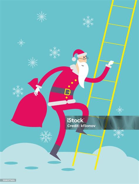 유쾌한 캐릭터의 평면 만화 벡터 일러스트 레이 션 산타 클로스 계단을 올라가서 손잡고 선물 부 대를 보유 하 고 공휴일에 대한 스톡 벡터 아트 및 기타 이미지 Istock