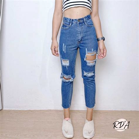 กางเกงยีนส์ เอวสูง ทรงบอยสลิม 3 สี แต่งขาด ผ้ายีนส์ไม่ยืด พร้อมส่ง S 2xl Line Shopping