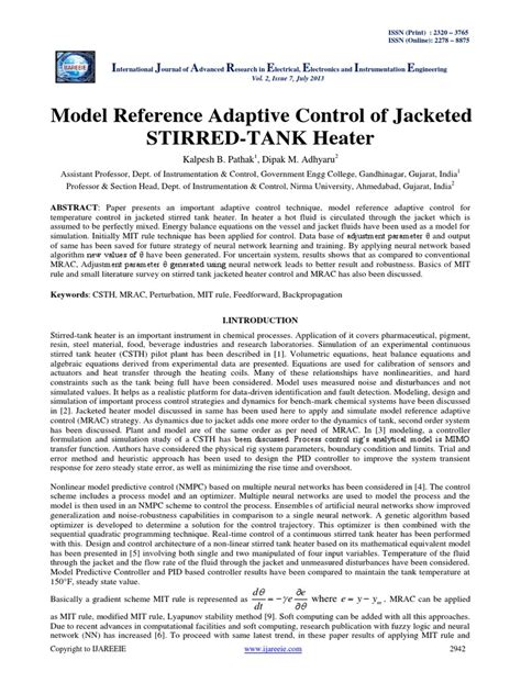 Model Reference Adaptive Control Of Jacketed Stirred Tank Heater Download Free Pdf Control