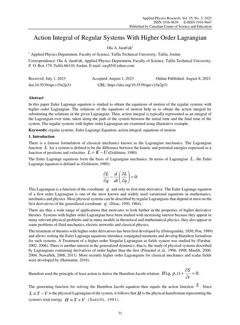 pdf action integral of regular systems with higher order lagrangian