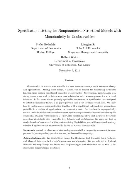 Pdf Specification Testing For Nonparametric Structural Models With Monotonicity In Unobservables