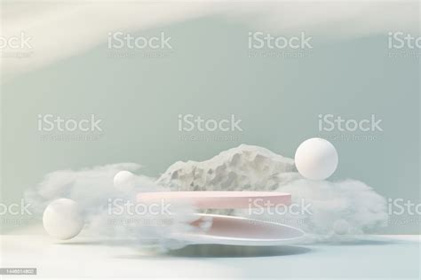 열대 나뭇잎과 푸른 하늘 구름 파스텔과 식물 장면이 있는 추상 받침대 연단 디스플레이의 3d 렌더링 광고를 위한 제품 및 판촉