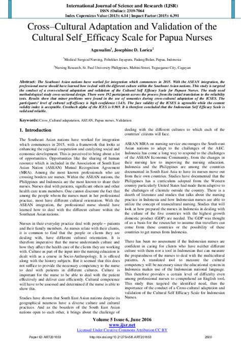 Pdf Cross Cultural Adaptation And Validation Of The Cultural Self Efficacy Scale For Papua