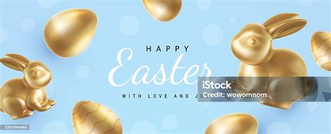 벡터 현실적인 스타일 패턴 디자인 황금 토끼와 달걀 단어 해피 부활절 색상 배경에 있습니다 3d 휴일 그림 샤인 만화 황금 달걀과 토끼 휴일 부활절 사냥 인사말 카드 계절에