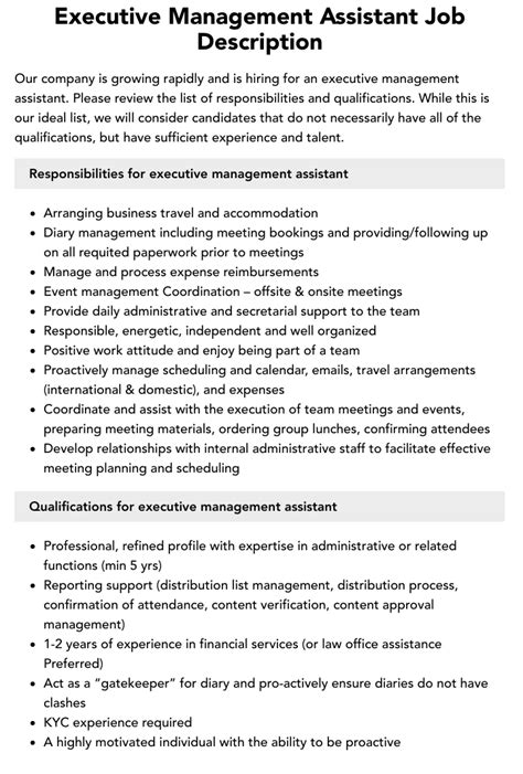 Executive Management Assistant Job Description Velvet Jobs