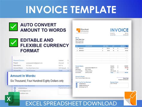 Invoice Template Excel Auto Convert Amount To Words Business Invoice Printable Invoice