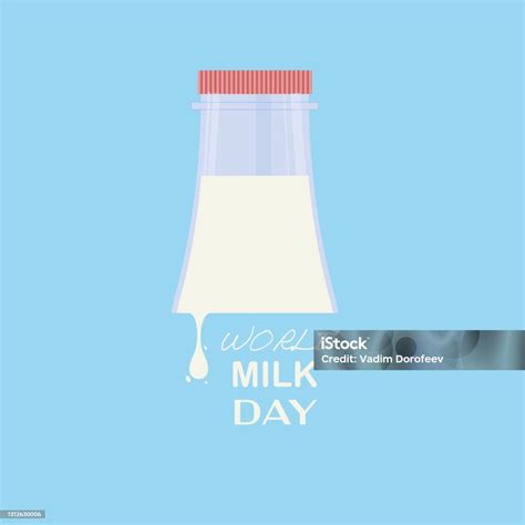 세계 우유의 날에 전념 벡터 그림 떨어지는 드롭우유병 의 상단 파란색 배경입니다 배너 로고 기호 디자인의 다양한 응용 분야에 대해 암소에 대한 스톡 벡터 아트 및 기타