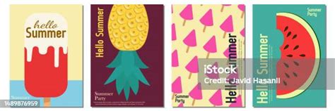 여름 아이스크림 바나나 수박 비치 반바지 바다 벡터 삽화 세트입니다 추상 벡터 배경 패턴입니다 포스터 커버 아트 전단지 배너를 위한 완벽한 배경 개념에 대한 스톡 벡터 아트