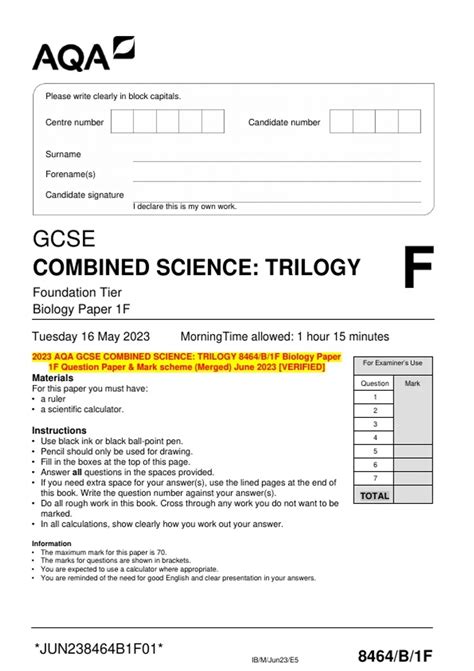 Aqa 2023 Gcse Combined Science Trilogy 8464 B 1f And 2f Biology Paper 1f And 2f Question Papers