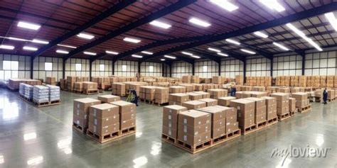 Warehouse With Endless Pallets Of Boxes And Storage Robots And Posters For The Wall • Posters