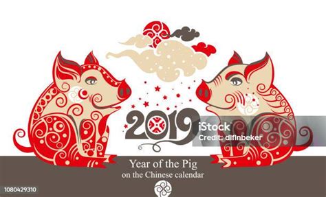 행복 한 중국 새 해 2019 돼지의 년 두 장식 돼지와 벡터 카드입니다 1월에 대한 스톡 벡터 아트 및 기타 이미지 1월 2019년 가리기 Istock