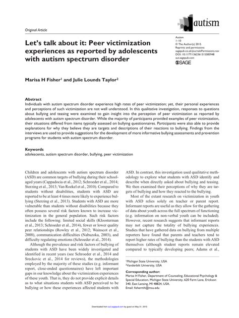 Pdf Lets Talk About It Peer Victimization Experiences As Reported By Adolescents With Autism