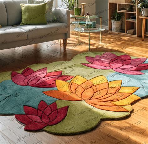 Lotus Flowers Hand Tufted Wool Rug Abstract Leaf Design Modern