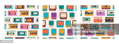 복고풍 디자인을위한 벡터 원활한 패턴세트 오디오 및 비디오 테이프 Vcrtv 80 년대와 90 년대의 반복적 인 요소 벡터에 대한 스톡 벡터 아트 및 기타 이미지 Istock