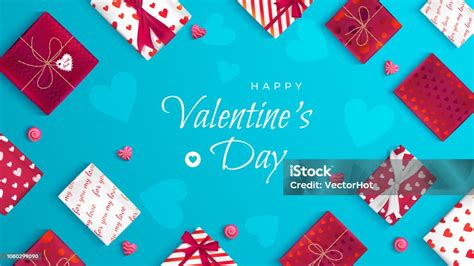 1happy 발렌타인의 날 인사말 카드입니다 선물에 최고 보기 다른 포장 심 혼의 형태로 사탕 상자 축제 로맨틱 사랑 배경 웹 배너입니다 개념에 대한 스톡 벡터 아트 및