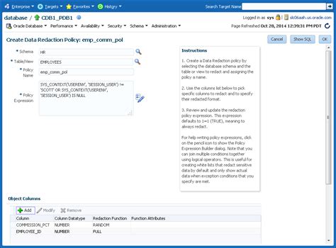 Oracle Enterprise Managerでのoracle Data Redactionの使用