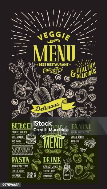 야채 메뉴 레스토랑입니다 에 대 한 벡터 음식 전단지 바와 카페 음식 손으로 그린 그래픽 일러스트와 함께 칠판 배경 서식 파일을 디자인 합니다 메뉴판에 대한 스톡 벡터 아트