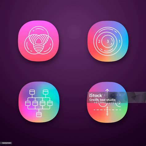 다이어그램 앱 아이콘 설정 데이터 그래픽 시각화 통계 분석 마케팅 분석 수학 논리 Ui Ux 사용자 인터페이스 웹 또는 모바일 응용 프로그램입니다 벡터 절연 일러스트레이션