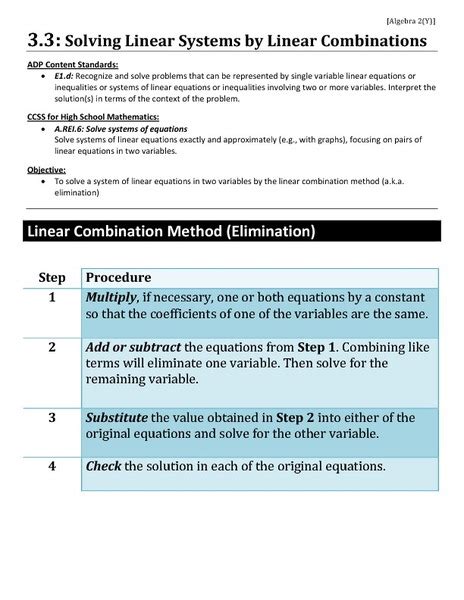 Solving Linear Systems By Linear Combinations Worksheet For 9th 12th