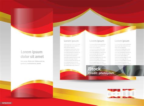브로셔 디자인 서식 파일 커튼 레드 골드 커튼 3단 브로슈어에 대한 스톡 벡터 아트 및 기타 이미지 3단 브로슈어 곡선 공단 Istock
