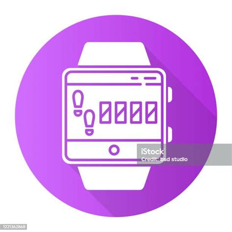 스마트 워치 기능 보라색 평면 디자인 긴 그림자 문말 아이콘을 추적 하는 단계입니다 피트니스 팔찌 스포츠 트레이닝 도보 거리 다리 기반 유산소 운동 벡터 실루엣