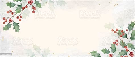 녹색 잎과 홀리 열매가있는 수채화 크리스마스 벡터 배경 인사말 카드 표지 전단지 엽서 디자인 새해 초대장 결혼식을위한 보편적 인 예술적 템플릿 크리스마스에 대한 스톡 벡터