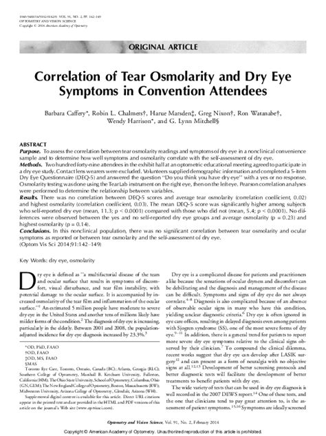 Pdf Correlation Of Tear Osmolarity And Dry Eye Symptoms In Convention Attendees