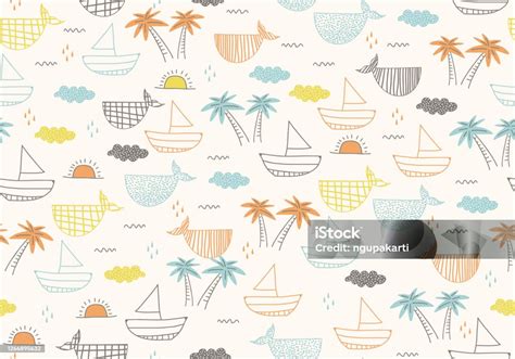 어린이 도면의 개념에 선박 물고기 태양 구름 바다와 파도와 원활한 패턴 직물 아기 옷 배경 직물 포장지 및 기타 장식을위한 귀여운 해양 바다에 대한 스톡 벡터 아트 및 기타