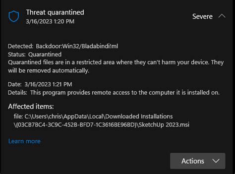 Latest 2023 0 397 152 Installer Trojan Backdoor Win32 Bladabindi Ml Detected Sketchup