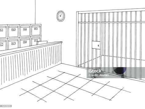 경찰 사무실 그래픽 인테리어 블랙 화이트 스케치 그림 벡터 건축에 대한 스톡 벡터 아트 및 기타 이미지 건축 검은색