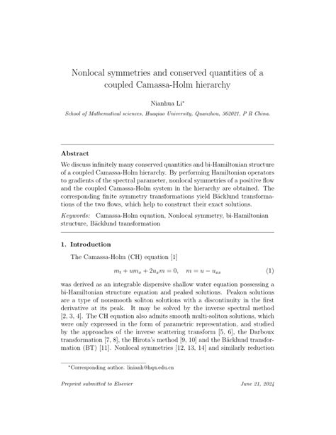 Pdf Nonlocal Symmetries And Conserved Quantities Of A Coupled Camassa Holm Hierarchy