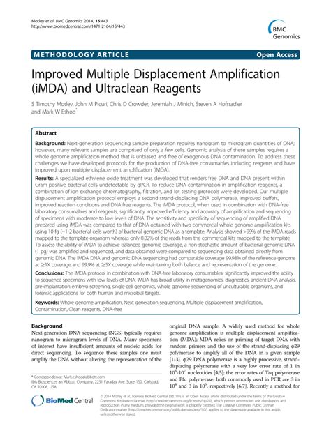 Pdf Improved Multiple Displacement Amplification Imda And Ultraclean Reagents