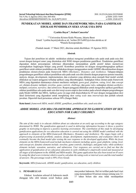 Pdf Pendekatan Model Addie Dan Framework Mda Pada Gamifikasi Edukasi