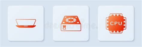 Set Computer Cooler Laptop And Processor With Cpu White Square Button Stock Vector