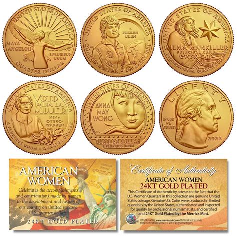 2022 24k Gold Plated American Women Quarters 5 Coin Set