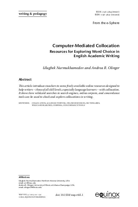 Pdf Computer Mediated Collocation Resources For Exploring Word Choice