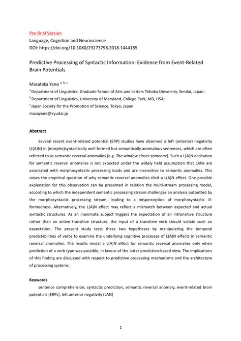 Pdf Predictive Processing Of Syntactic Information Evidence From