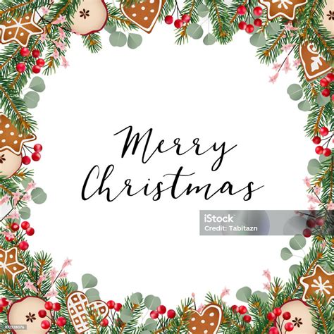크리스마스 인사말 카드 전나무 나무와 유 칼 리 나무 가지 홀리 열매와 흰색 바탕에 진저 쿠키의 크리스마스 화 환을 초대가 했다 격리 된 벡터 일러스트 레이 션 웹 배너