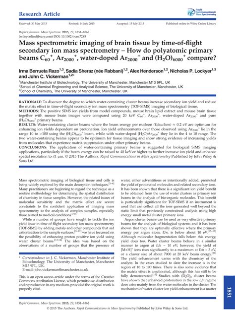 Pdf Mass Spectrometric Imaging Of Brain Tissue By Time Of Flight Secondary Ion Mass