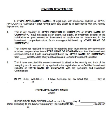 SWORN Statement Template Download Free Documents In PDF