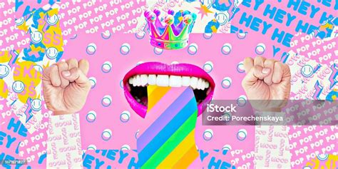 현대 디지털 콜라주 아트 현대적인 트리피 디자인 웃긴 입과 무지개 놀이에 대한 스톡 사진 및 기타 이미지 놀이 디자인