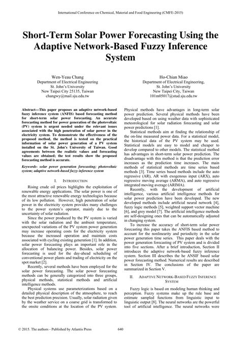 Pdf Short Term Solar Power Forecasting Using The Adaptive Network Based Fuzzy Inference System