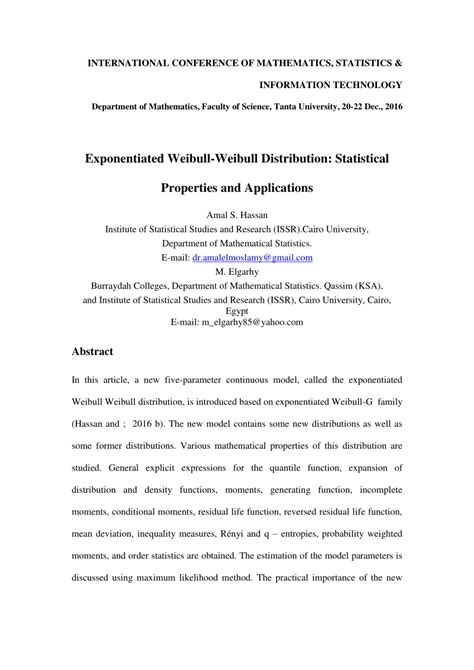 Pdf Exponentiated Weibull Weibull Distribution Statistical Properties And Applications