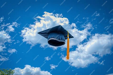 Premium Photo A Graduation Cap Is Flying In The Sky With Clouds