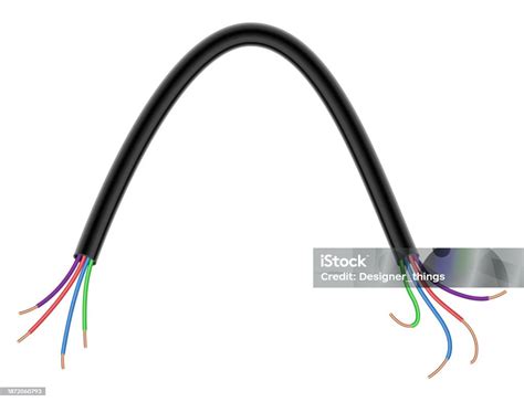끊어진 전기 구리선 또는 코드 손상된 전원 케이블 노출 된 와이어로 찢어진 와이어 위험 전기 문제 컬러 전기 케이블 흰색 배경에 격리된 벡터 그림 3차원 형태에 대한 스톡