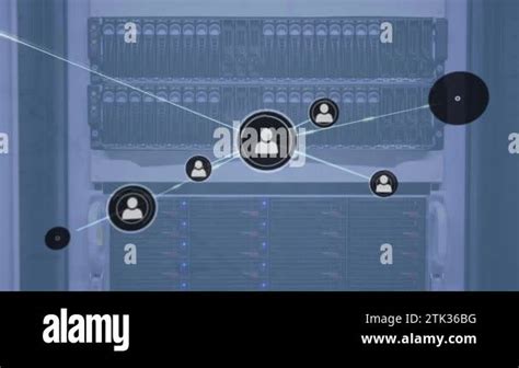 animation of connected icons over back panel of data server racks in server room digital
