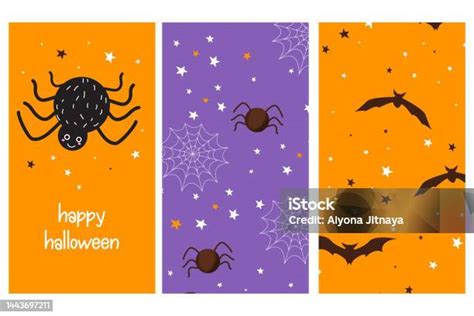 거미와 매끄러운 패턴으로 할로윈 귀여운 카드를 박쥐 간단한 만화 스타일의 거미 휴일 어린이 디자인으로 설정합니다 벡터 그림 10월에 대한 스톡 벡터 아트 및 기타 이미지