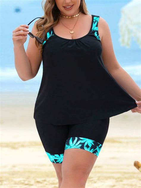 Swim Lushoire Plus Size Coconut Tree Print Patchwork Tankini Swimsuit
