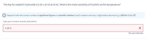 Solved The Ksp For Cobalt Ii Hydroxide Is 5 92 X 10 15 At